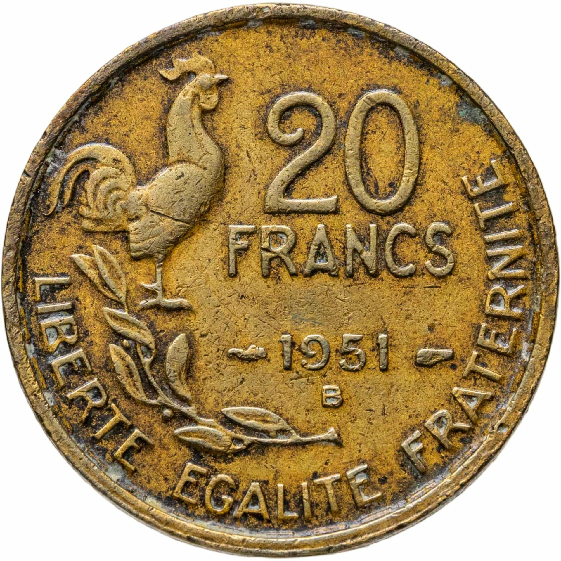 Монета Франция 20 франков 1951 B, бронза, VF, в холдере