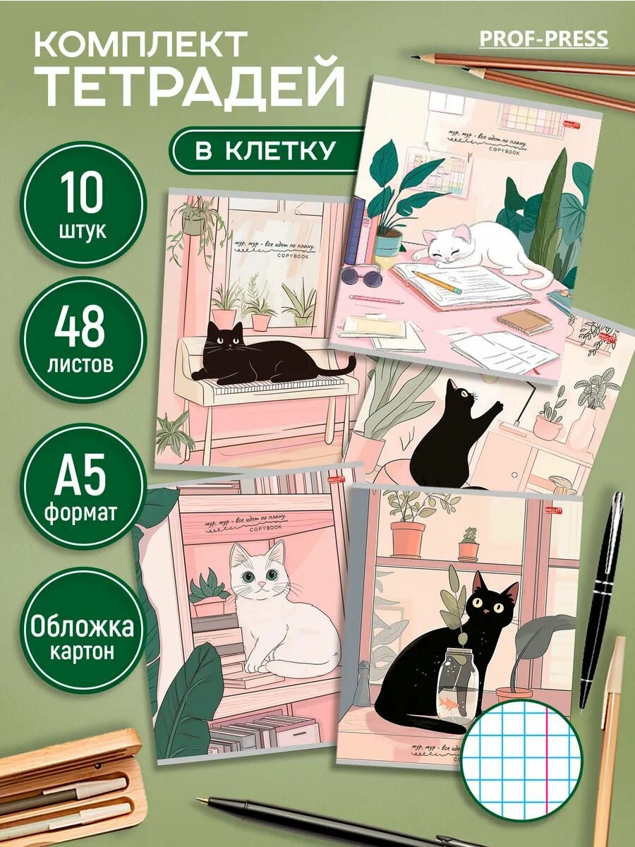 Тетрадь 48 листов в клетку Prof-Press, набор 10 штук тетради в клетку набор тетрадей