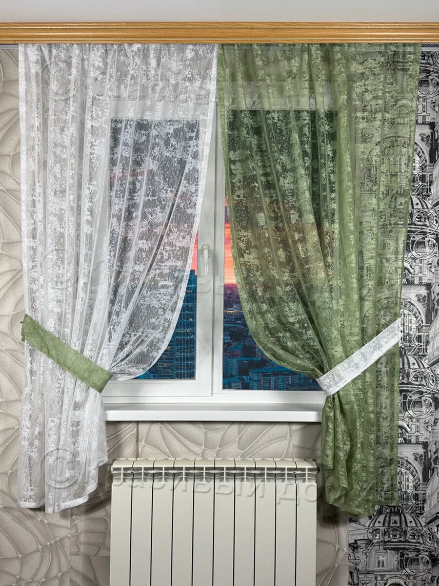 Штора "Красивый дом 46", тюль салатовый, белый короткий арка, 280х180 см