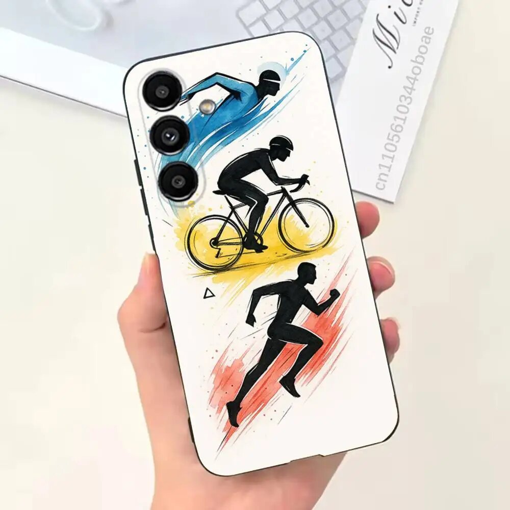 Чехол для телефона Samsung S25,24,21,22,23,20, S30, Ultra, Plus, Fe, Lite, Note,5G с дизайном «Триатлон: Плавание, Велоспорт, Бег», черный