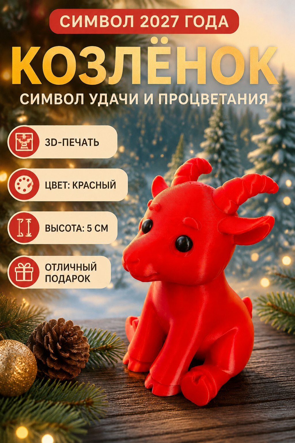 Символ 2027 года козлёнок (3д-печать, цвет: красный, пластик)