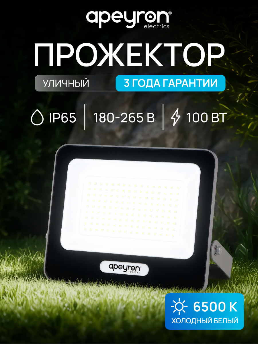 Прожектор светодиодный Apeyron 05-48, 100Вт, 230В/50Гц, 12000лм, 6500К, IP65, 229х33х174, алюминий, серый