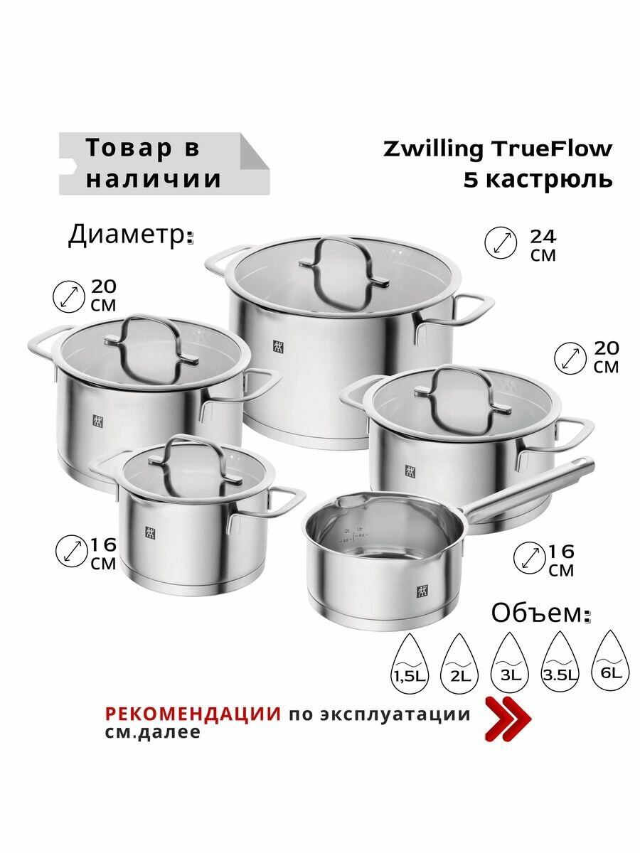 Набор кастрюль из нержавеющей стали Zwilling TrueFlow - 5 пердметов, для всех видов плит с крышками