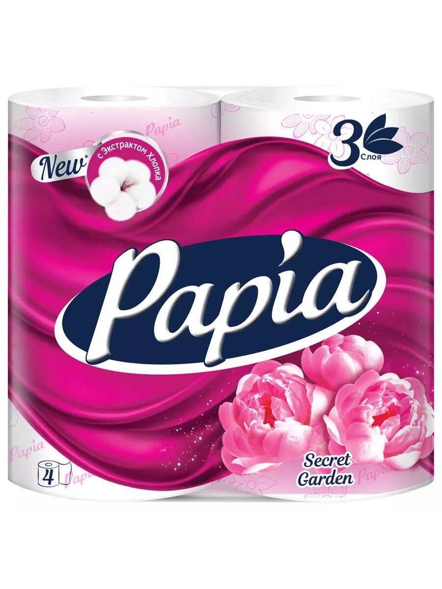 Туалетная бумага Papia трехслойная Таинственный сад, 4 рулона