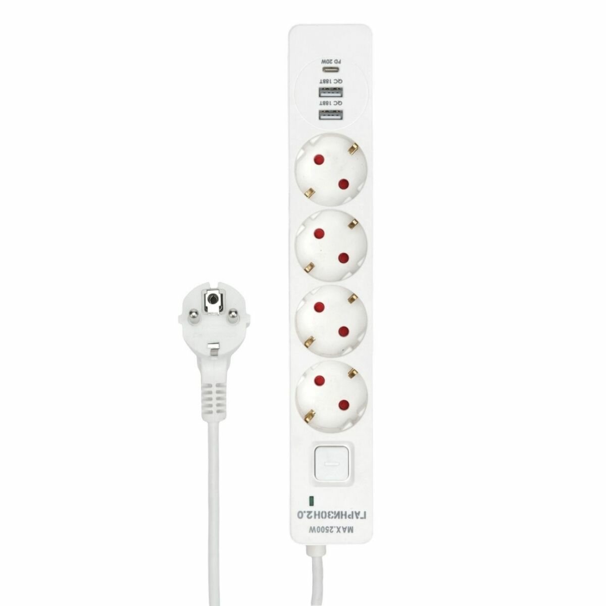 Сетевой фильтр Гарнизон 2.0 EPS-OP-4-CU2-W-2 белый, 4 розетки 220В, 10А, 3 розетки USB (1x USB-C PD 20Вт, 2x USB-A QC 18Вт), кабель 2м, ур. защиты 2+, пакет