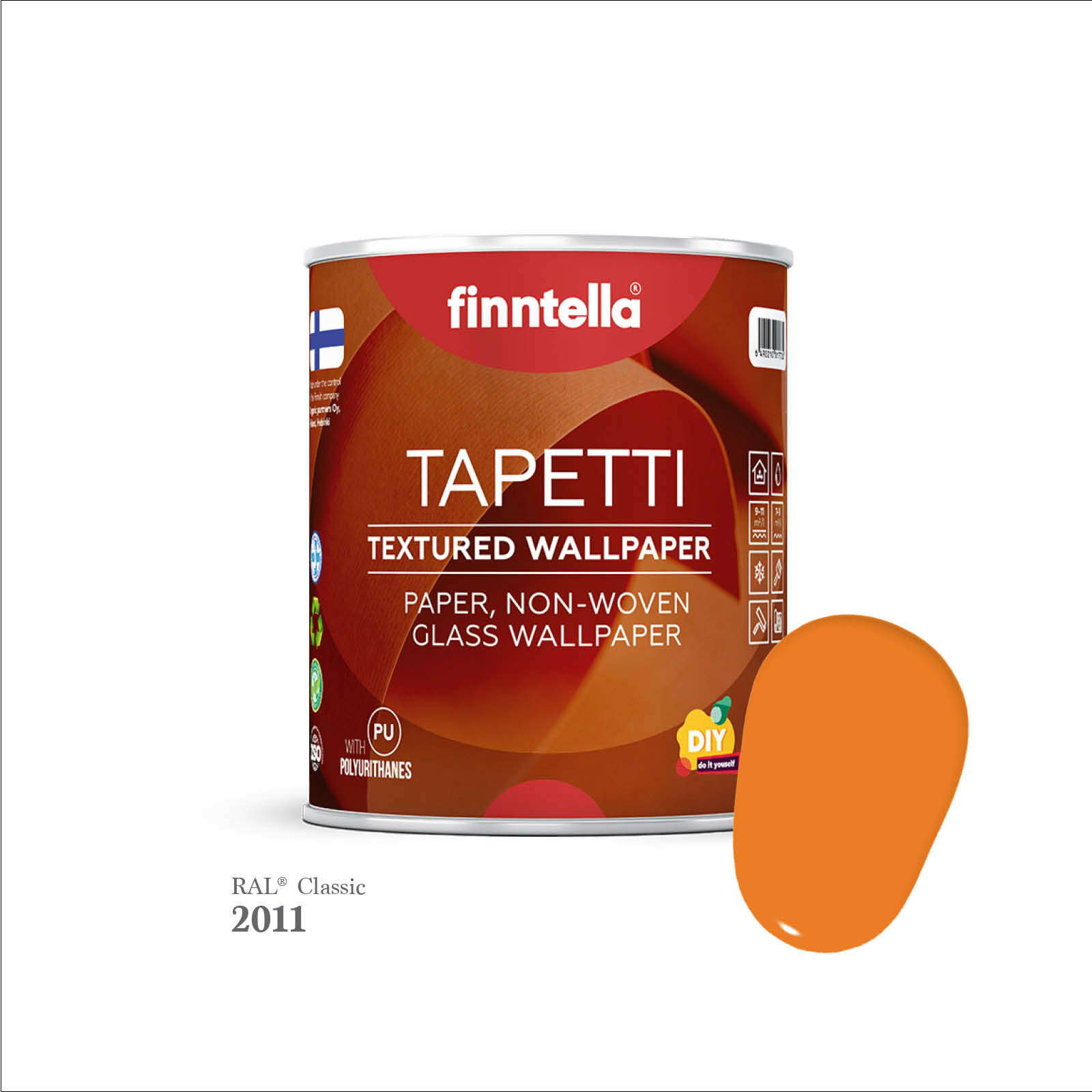 Шелковисто-матовая краска для обоев под окраску TAPETTI SILKKI Matta FINNTELLA, Цвет RAL 2011 Насыщенный оранжевый (Deep orange), 0,9л