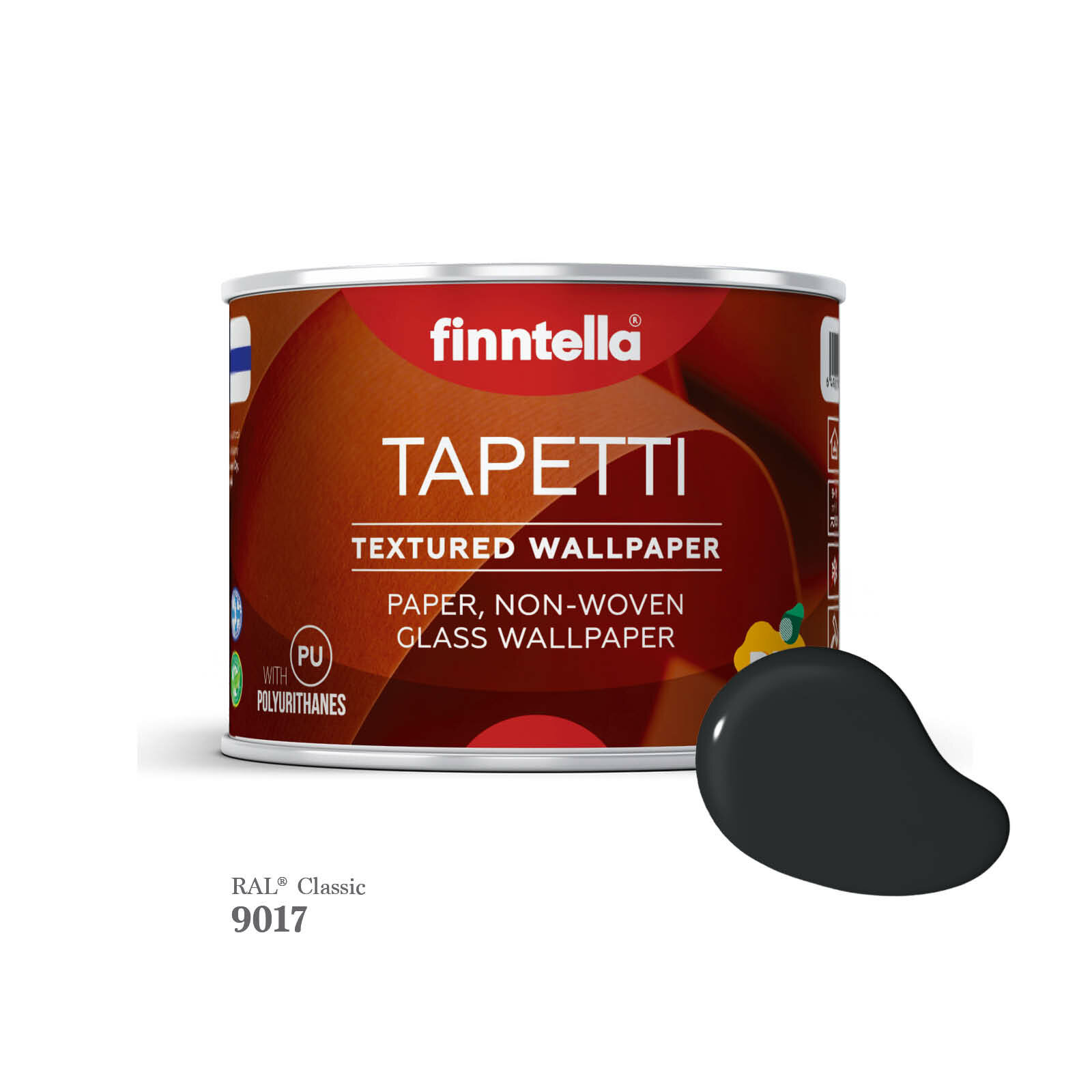 Шелковисто-матовая краска для обоев под окраску TAPETTI SILKKI Matta FINNTELLA, Цвет RAL 9017 Транспортный черный (Traffic black), 0,45л
