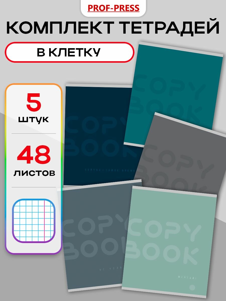 Тетрадь А5 48 листов в клетку на скрепке Prof-Press, набор 5 штук