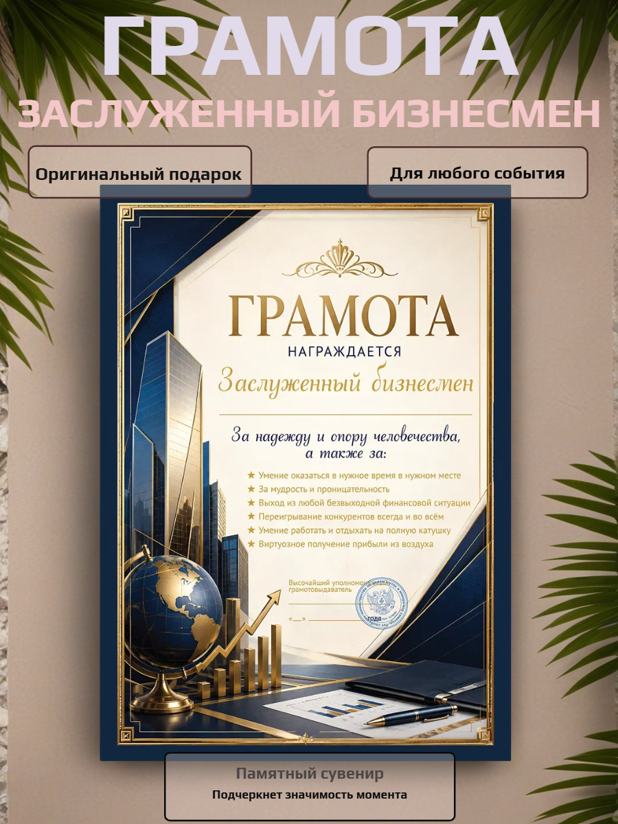 Грамота открытка для награждения "Заслуженный бизнесмен", А4, в подарок