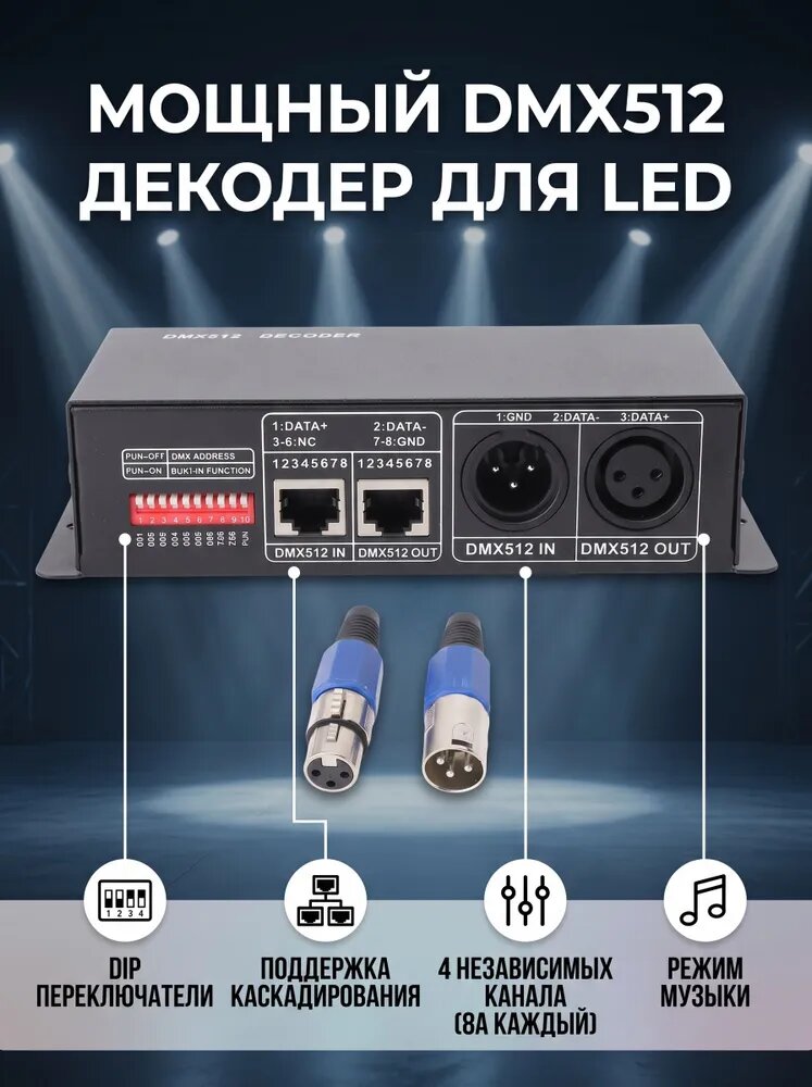 DMX512 Декодер, RGBW Контроллер, 4 Канала, для Домашнего и Публичного Использования