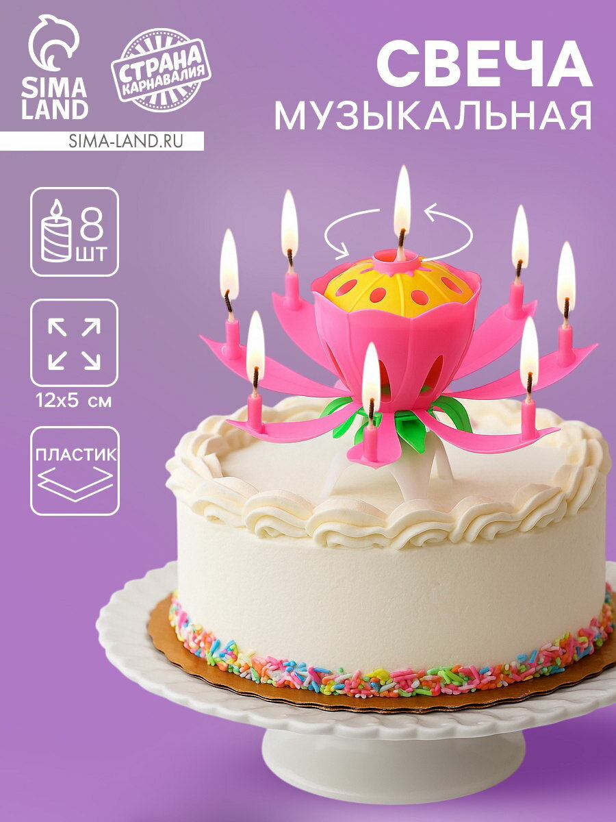 Свеча для торта музыкальная "Тюльпан", розовая, 12x5 см, для кого: для девочек, 2 шт.