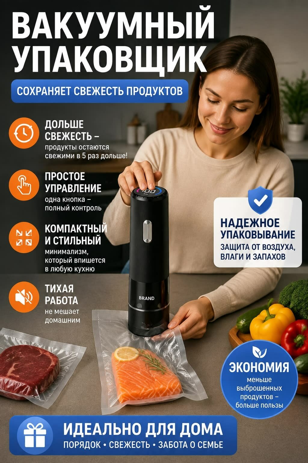 Вакуумный упаковщик, Сумка, АБС пластик, чёрный для дома белый Да