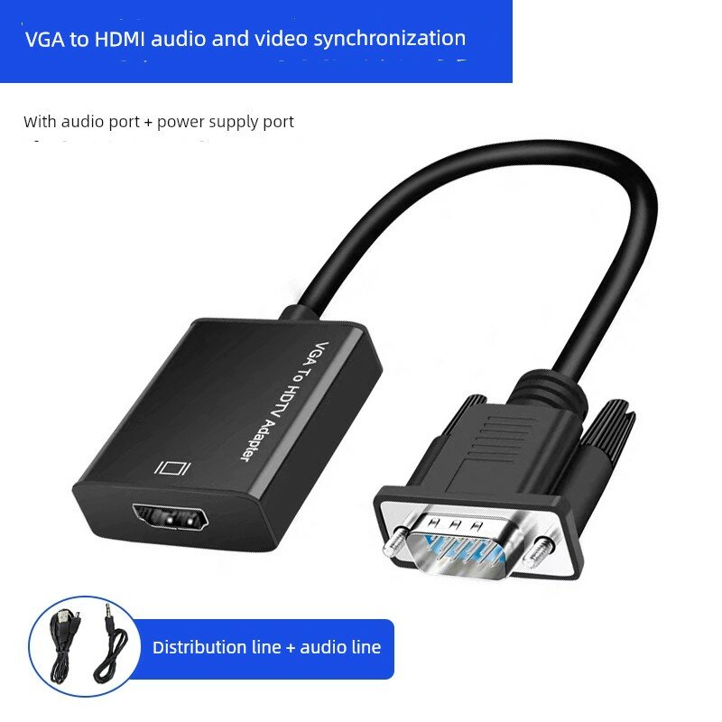 Черный адаптер VGA в HDMI, кабель длиной 0.5 м, прочный для подключения ноутбука и телевизора, четкая передача видео