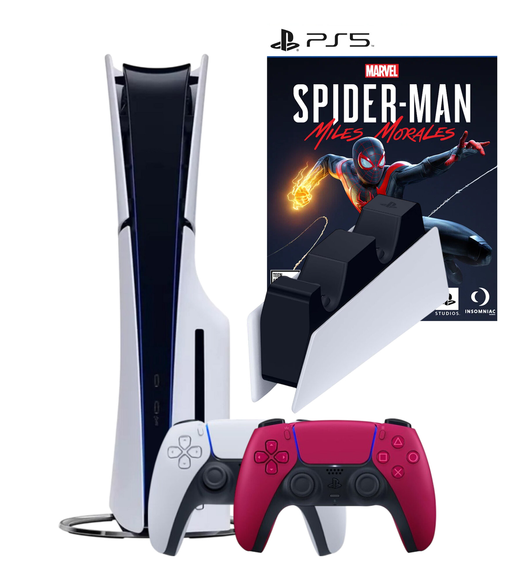 Игровая приставка PlayStation 5 Slim + 2й геймпад красный + игра Spider Man Morales + станция зарядки