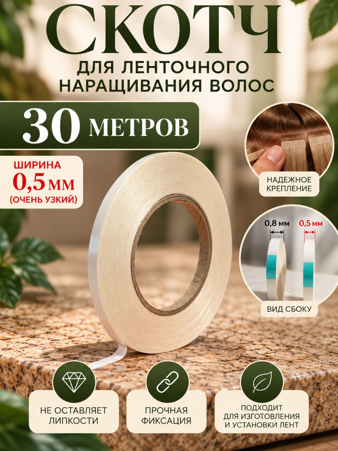 30м x 0,5мм - Скотч для наращивания волос