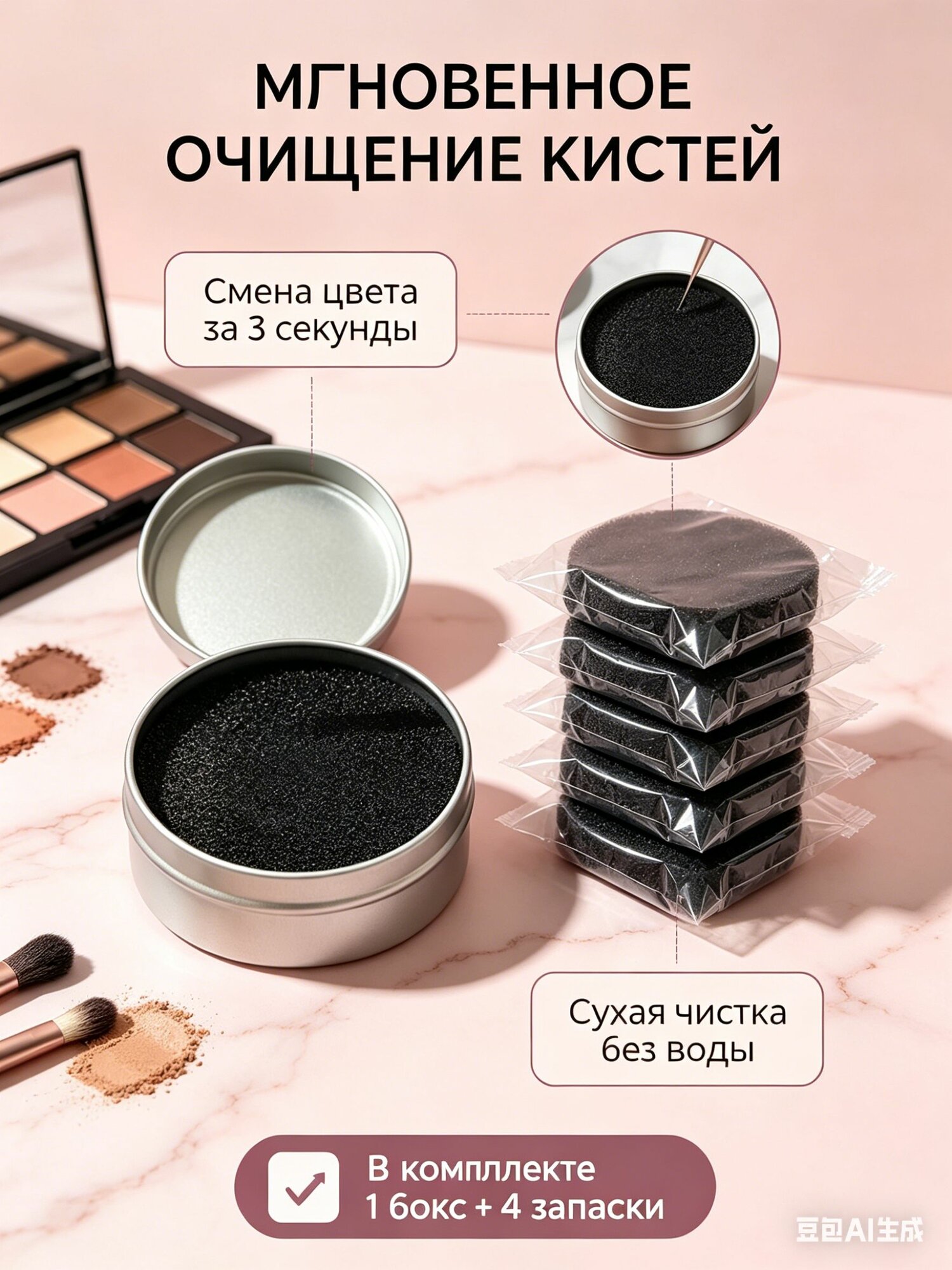 Спонж для сухой очистки кистей макияжа, комплект: футляр + 4 сменные губки, для быстрого удаления теней