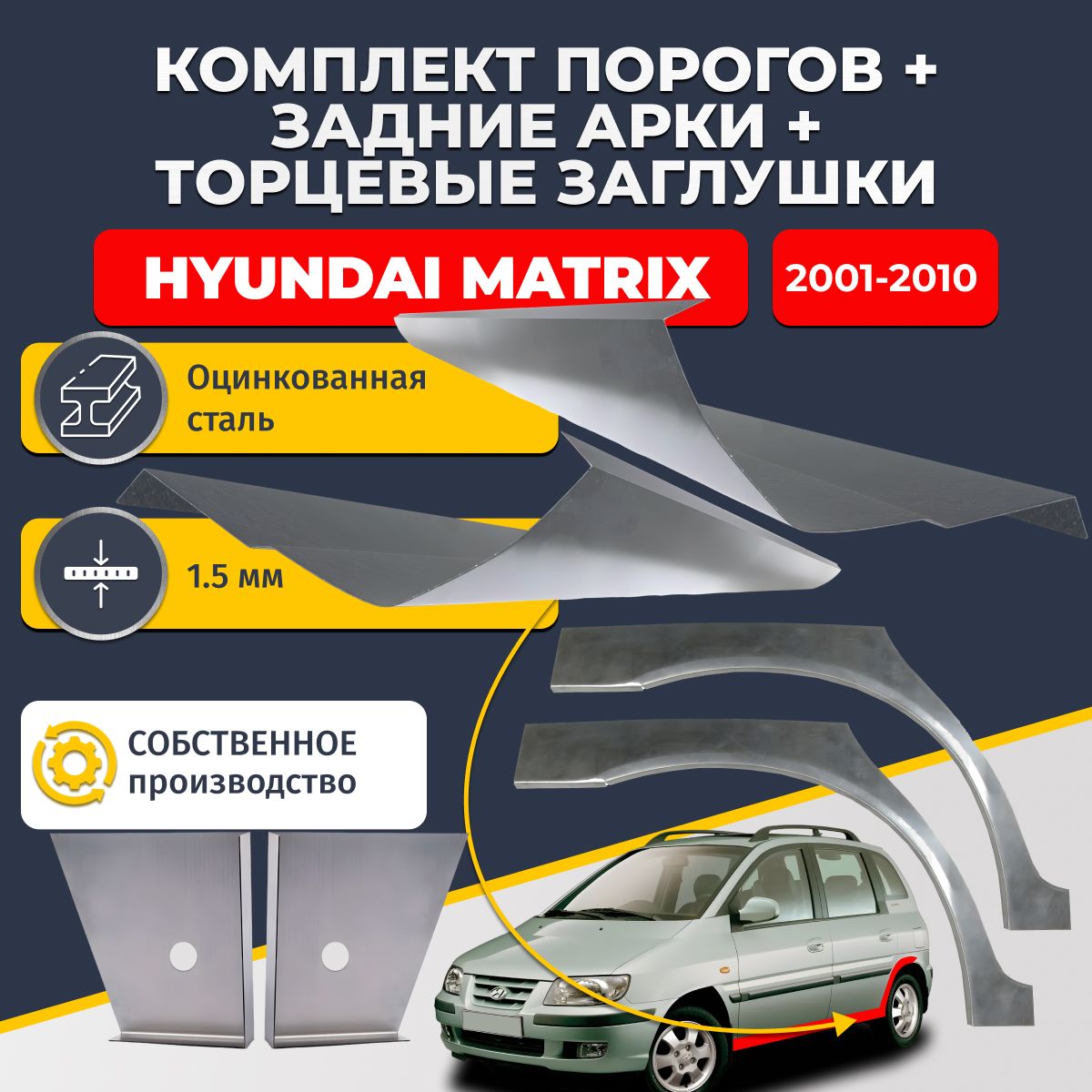 Комплект ремонтных задних арок (0,8 мм) и стандартных порогов (1,5 мм) + торцевые заглушки (1,5 мм) на Hyundai Matrix 2001-2010 (Хендай Матрикс). Оцинкованная сталь