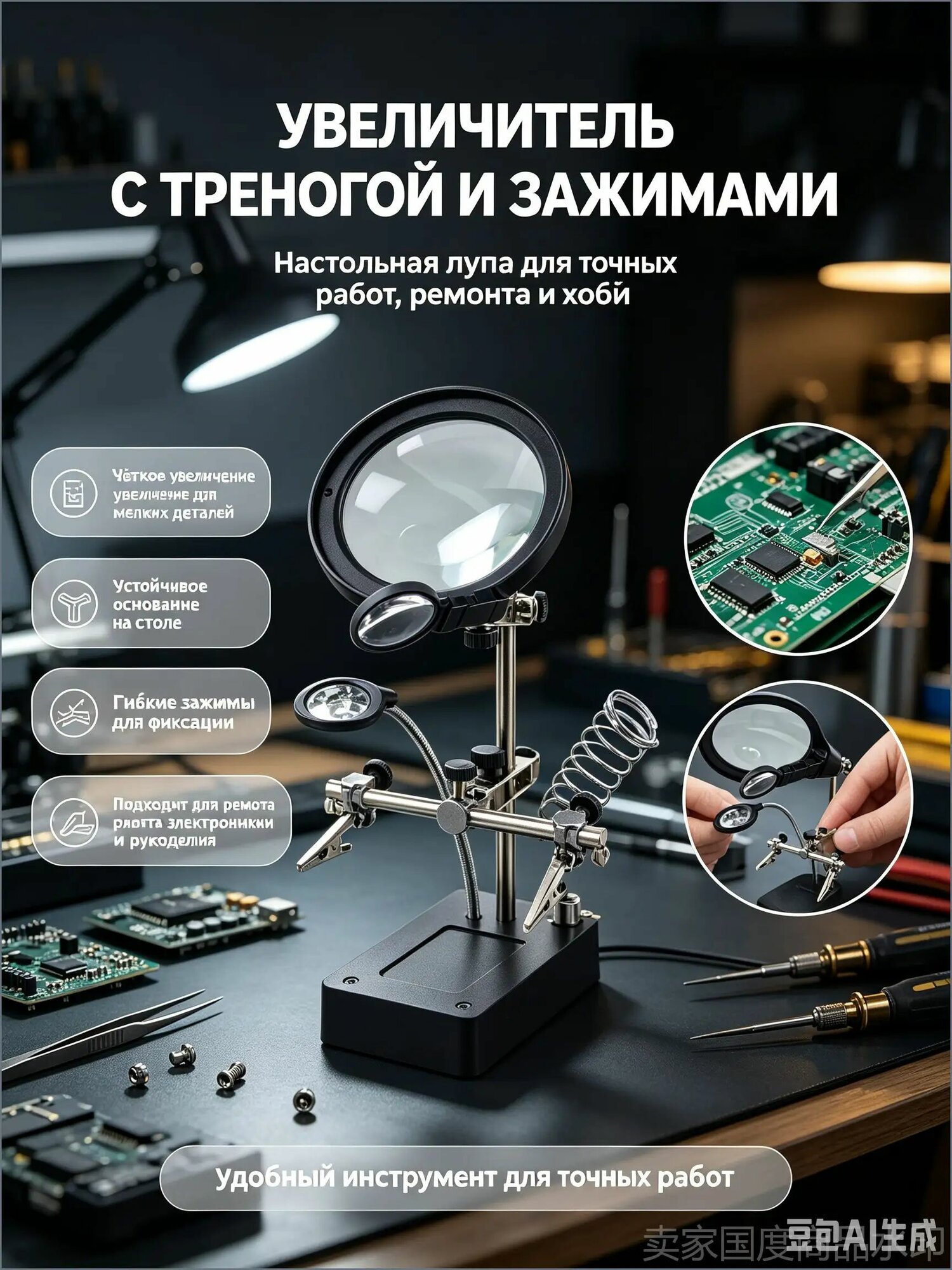Стойка для пайки с лупой и клешнями Помощник для ремонта электроники и моделей