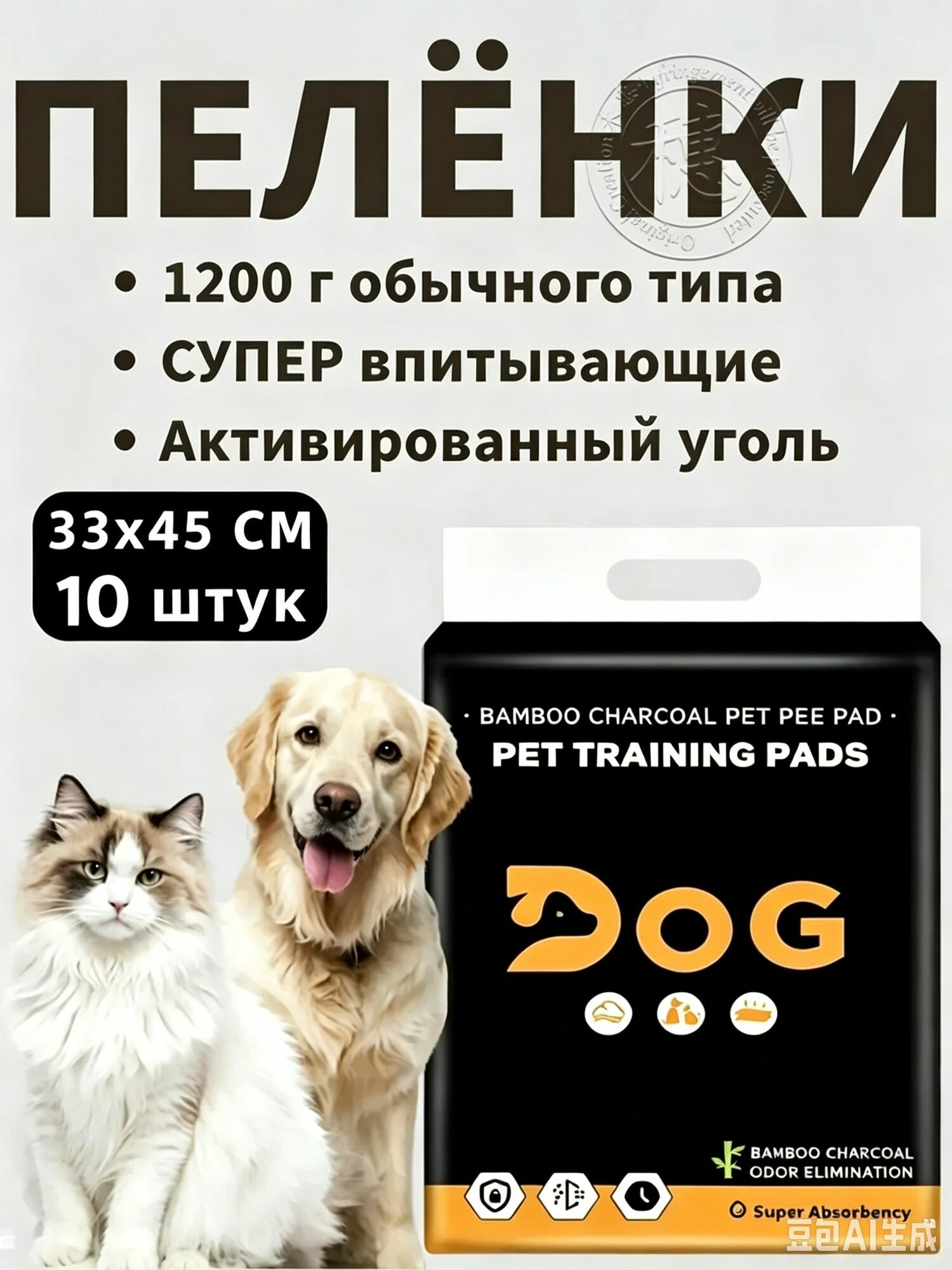 Пеленки для животных одноразовые впитывающие гелевые с бамбуковым углём, 33х45 см, 10 штук