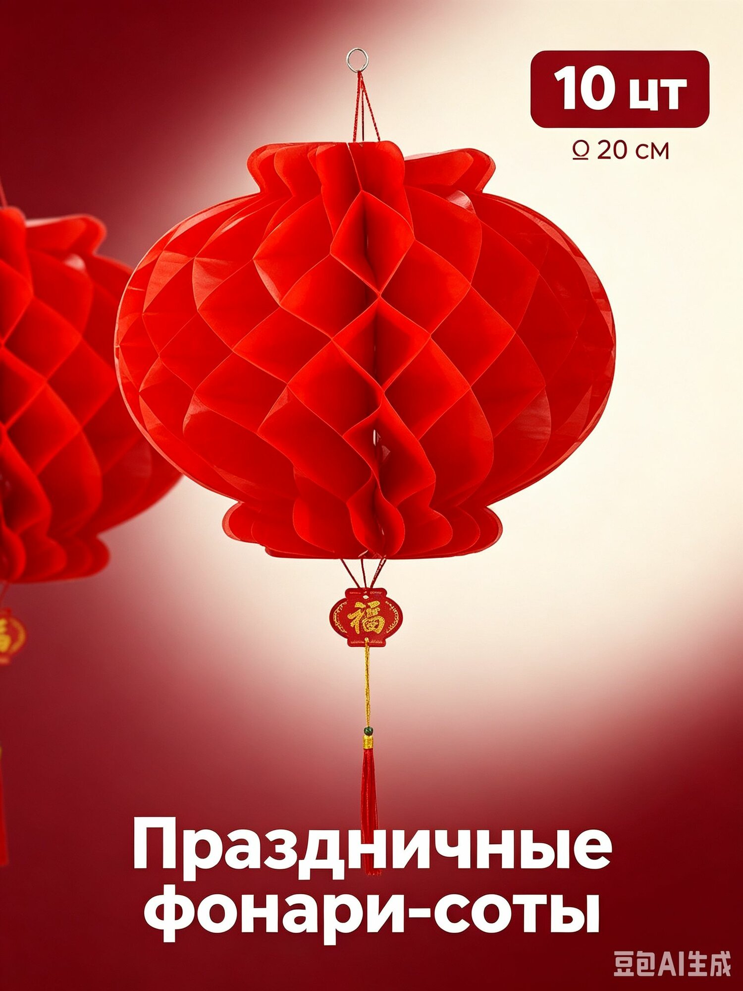 Красный подвесной фонарь сотка, бумажно плёночный декор, складной, диаметр 20 см, для праздника, набор 10 штук