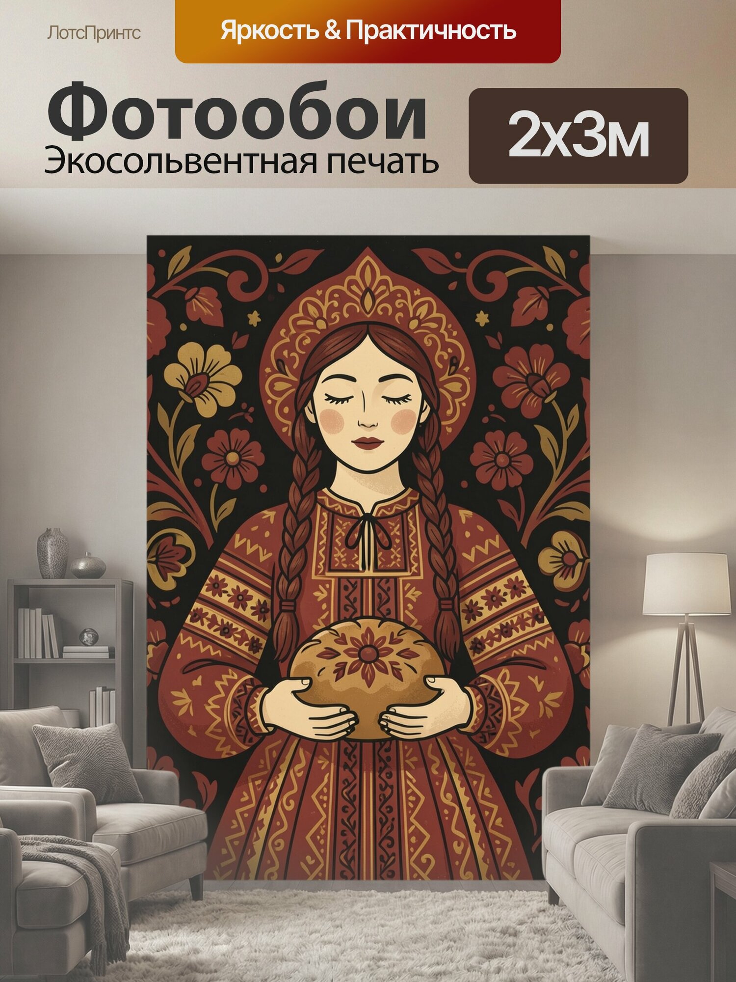 Фотообои "Девушка в русском народном костюме. Славянская красавица с косами и караваем, в узорном традиционном платье и кокошнике. Фольклорная." 200x300 см. экосольвентная печать