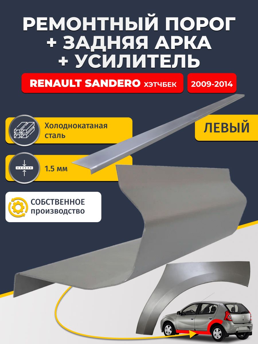 Левая ремонтная задняя арка (0,8 мм) и левый ремонтный стандартный порог (1.5 мм) + усилитель (1,5 мм) на Renault Sandero 2009-2014 хэтчбек 5 дв (Рено Сандеро). Материал холоднокатаная сталь.