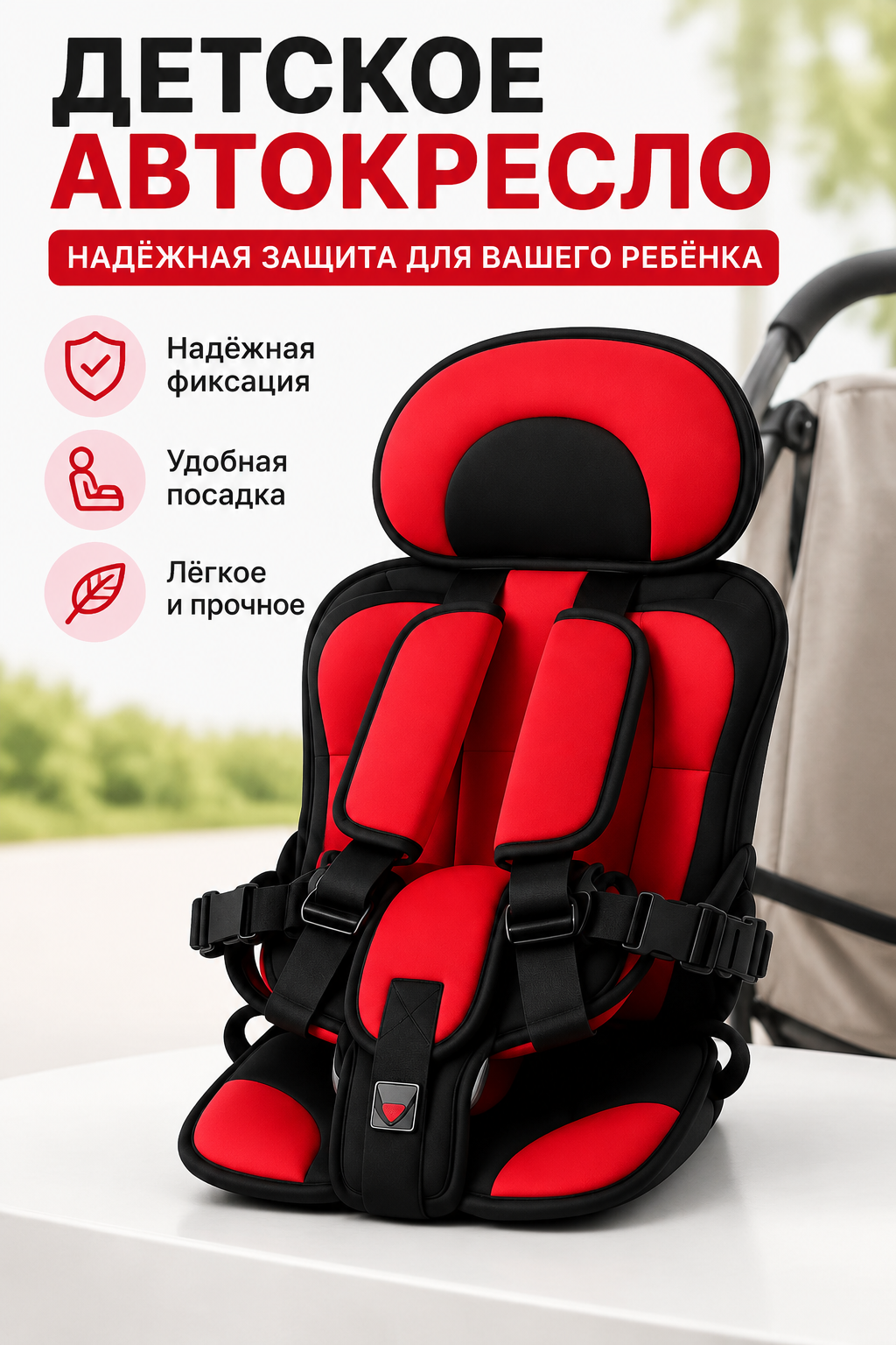 Детское автокресло красное, дополнительное сиденье для коляски, коврик, универсальный размер, пластик