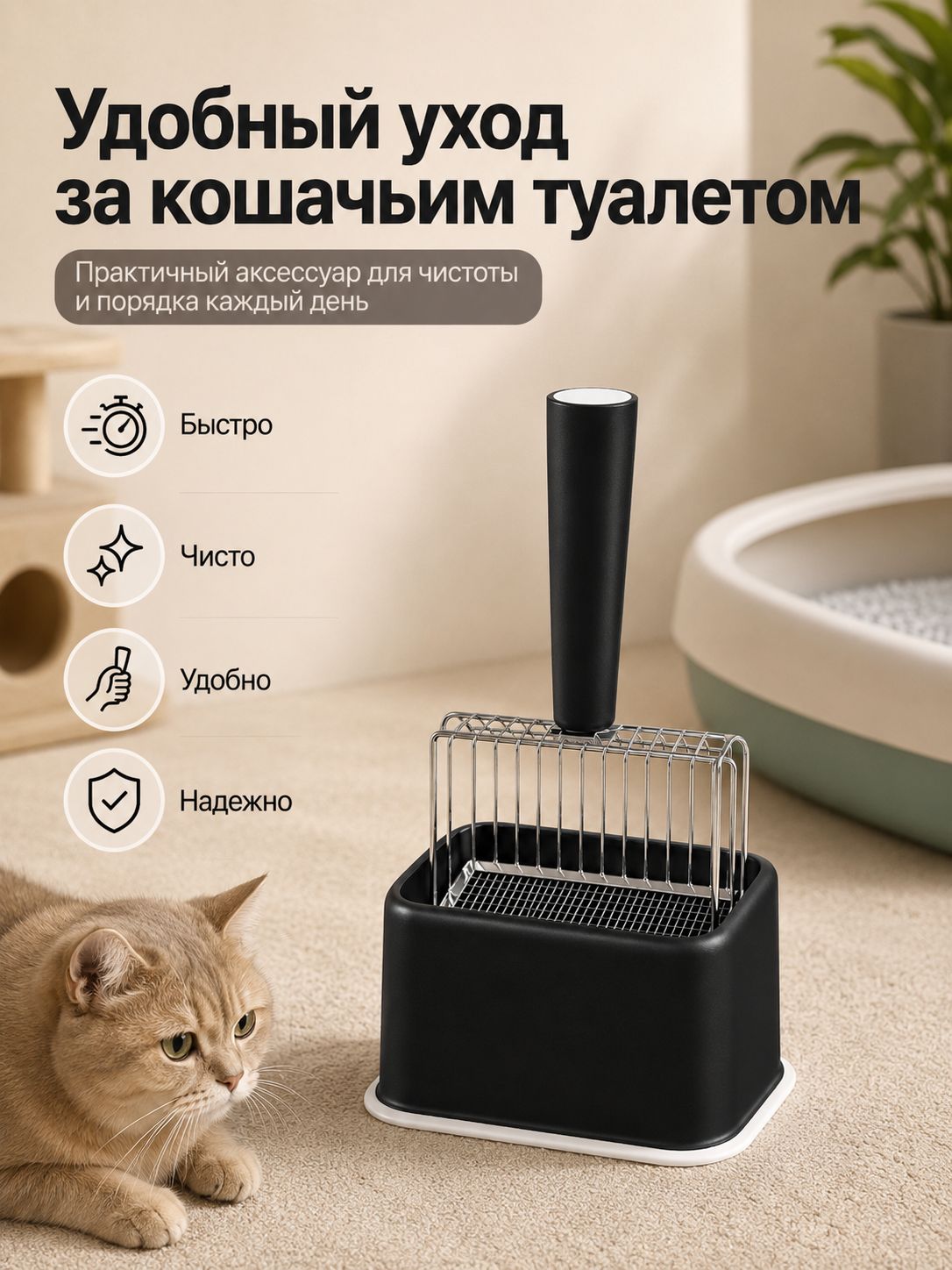 Совок для кошачьего туалета с подставкой, металлическая сетка для просеивания, удобная ручка, аксессуар для уборки лотка