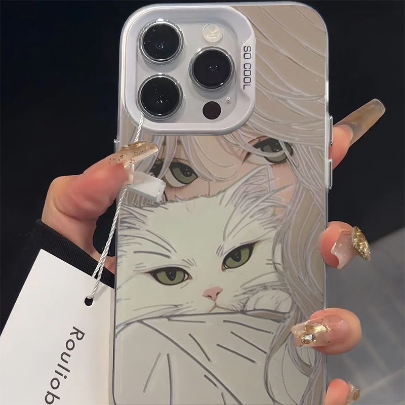 Чехол на Aйфон 15 Про Макс / IPHONE 15 PRO MAX белый противоударный чехол с аниме-девушкой с зелеными глазами и пушистой белой кошкой, усиленная защита камеры и боковых граней