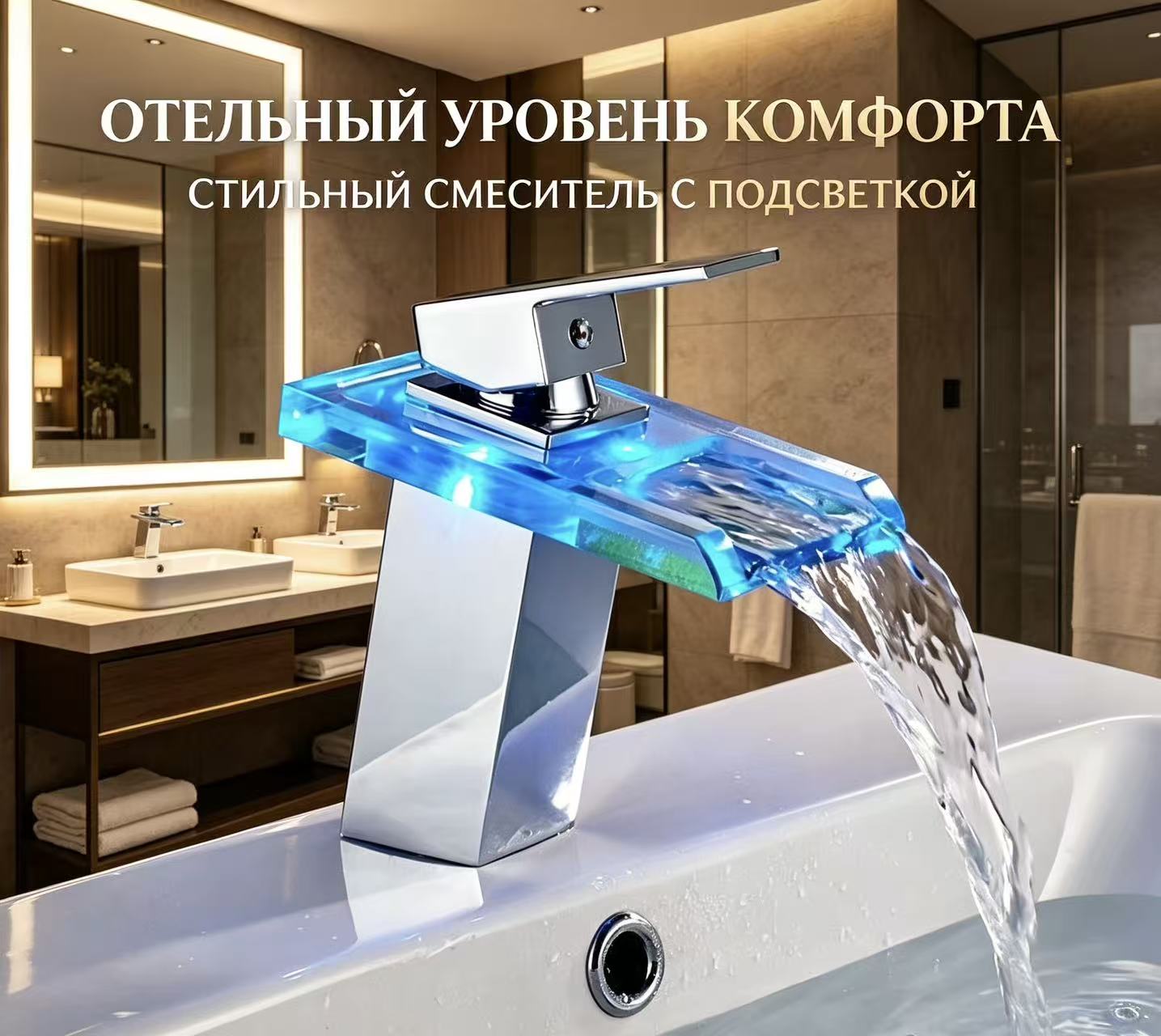 Смеситель для раковины в ванную комнату с LED подсветкой от потока воды, Хромированный корпус квадратной формы — фото 1