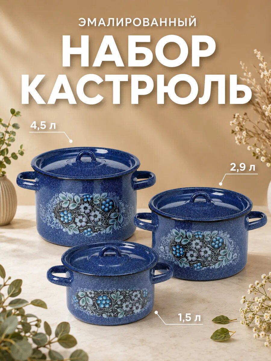 Набор эмалированных кастрюль «Голубика», 3 шт: 1.5 л, 2.9 л, 4.5 л, синий
