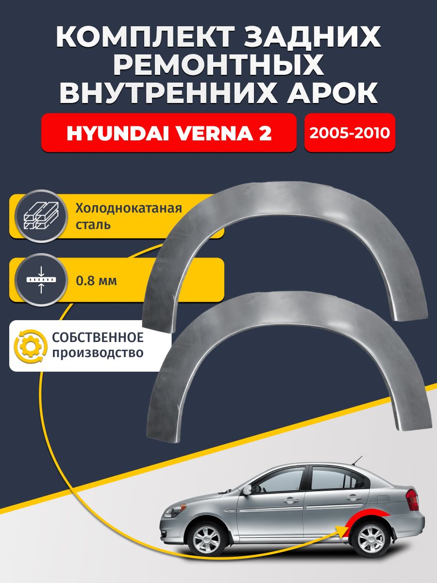 Комплект задних ремонтных внутренних арок для автомобиля Hyundai Verna 2 2005-2010 седан (Хендай Верна 2). Холоднокатаная сталь 0,8 мм.