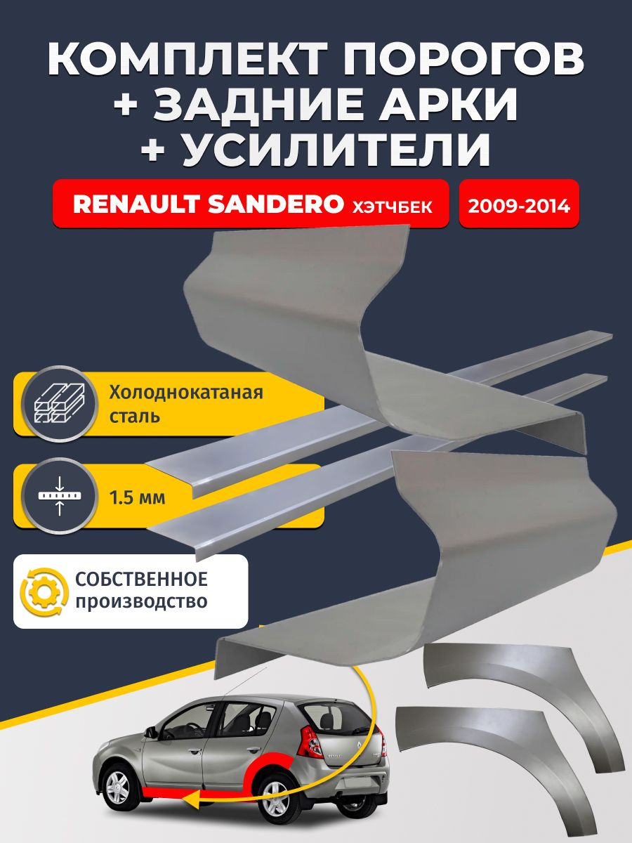 Комплект ремонтных задних арок(0,8 мм) и стандартных порогов(1,5 мм) + усилители (1,5 мм.) на Renault Sandero 2009-2014 хэтчбек 5 дв (Рено Сандеро). Материал холоднокатаная сталь.