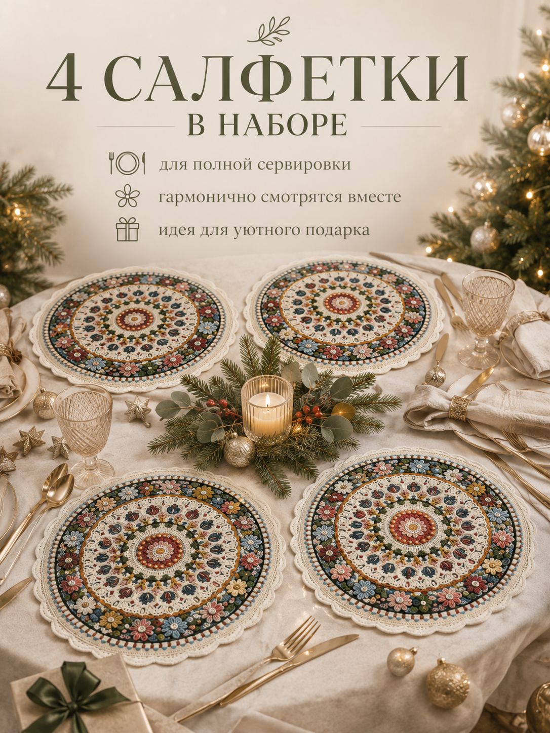 Салфетка сервировочная 35x35 см 4 шт имитация льна разноцветный