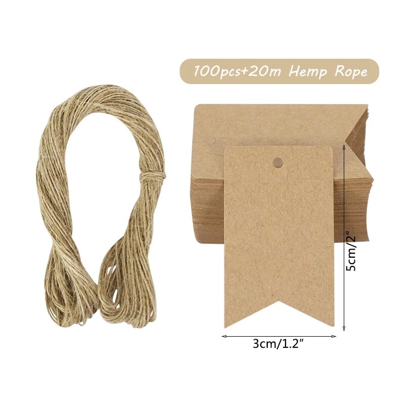 Подарочные бирки крафтовые 100шт + 20м бечевка, бежевый, Blank L03