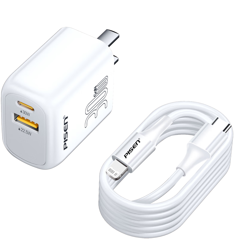 Pisen PD30W адаптер быстрой зарядки с несколькими портами и кабелем PD-к-разъему для iPhone 14/13/12 Цвет：Набор 30W с