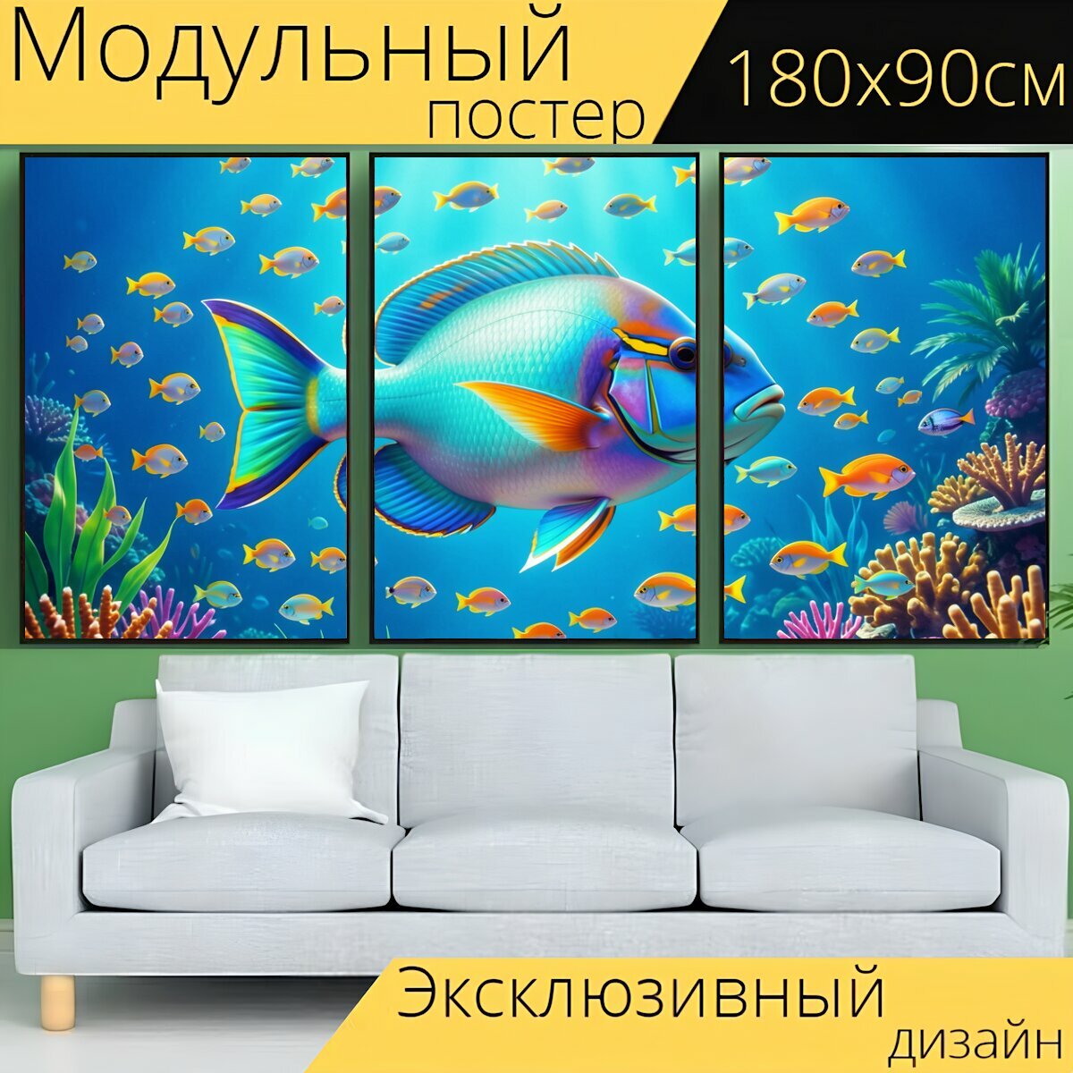 Модульный постер "Яркая тропическая рыба в море. Красочный подводный мир с крупной экзотической рыбой и стайкой мелких обитателей." 180 x 90 см. для интерьера на стену в тубусе