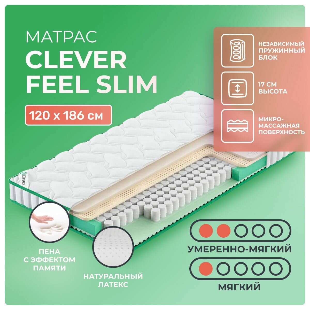 Матрас 120х186 Clever Feel Slim, независимые пружины, двусторонний с разной жесткостью, мягкий, полумягкий, memory foam латекс пенополиуретан, полутораспальный 186х120