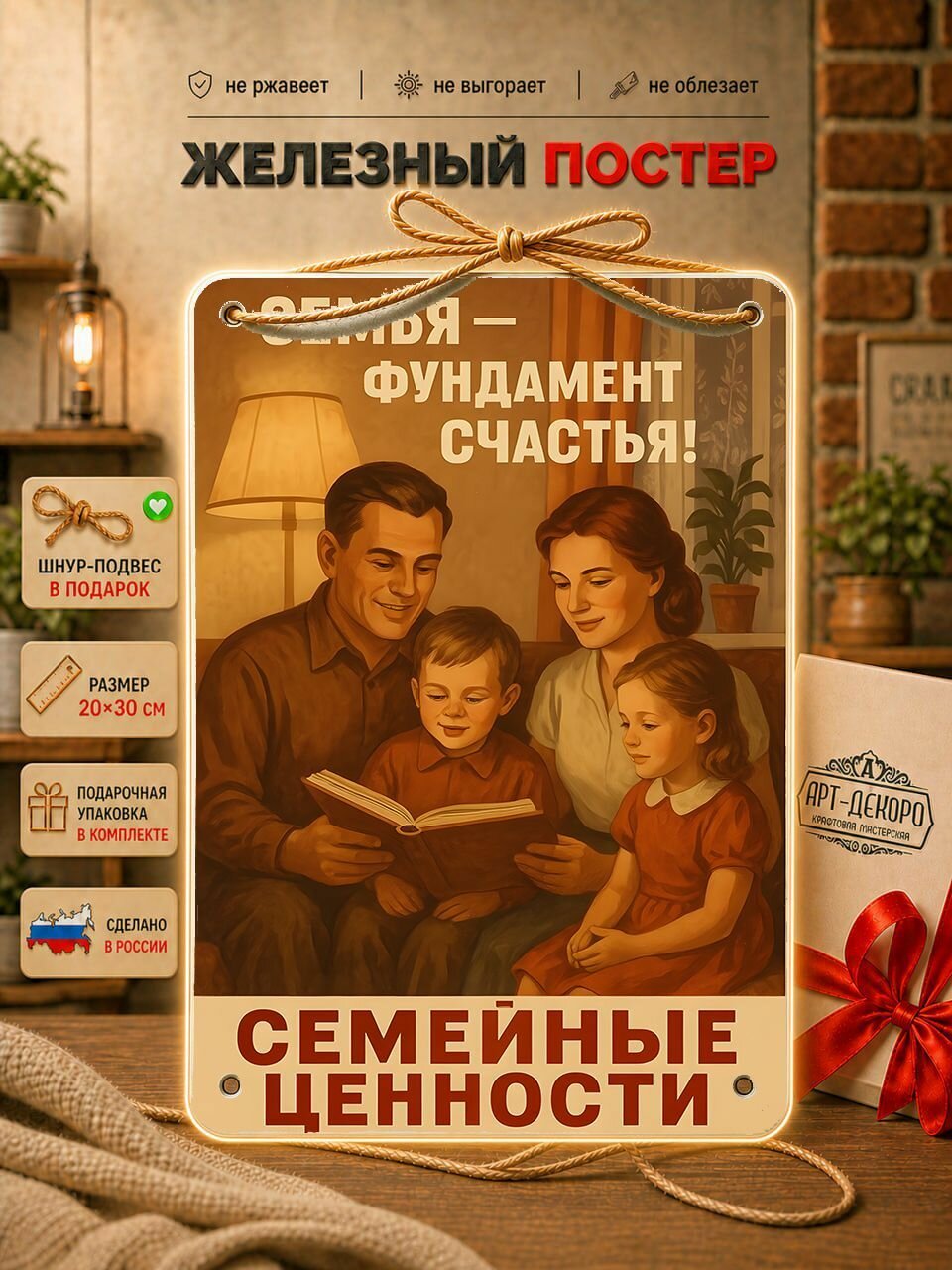 Металлический постер семья - фундамент счастья, 20 на 30 см в подарочной упаковке