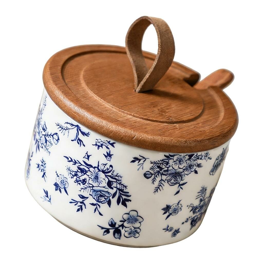 Керамическая солонка с крышкой и ложкой, Маленький синий цветочек