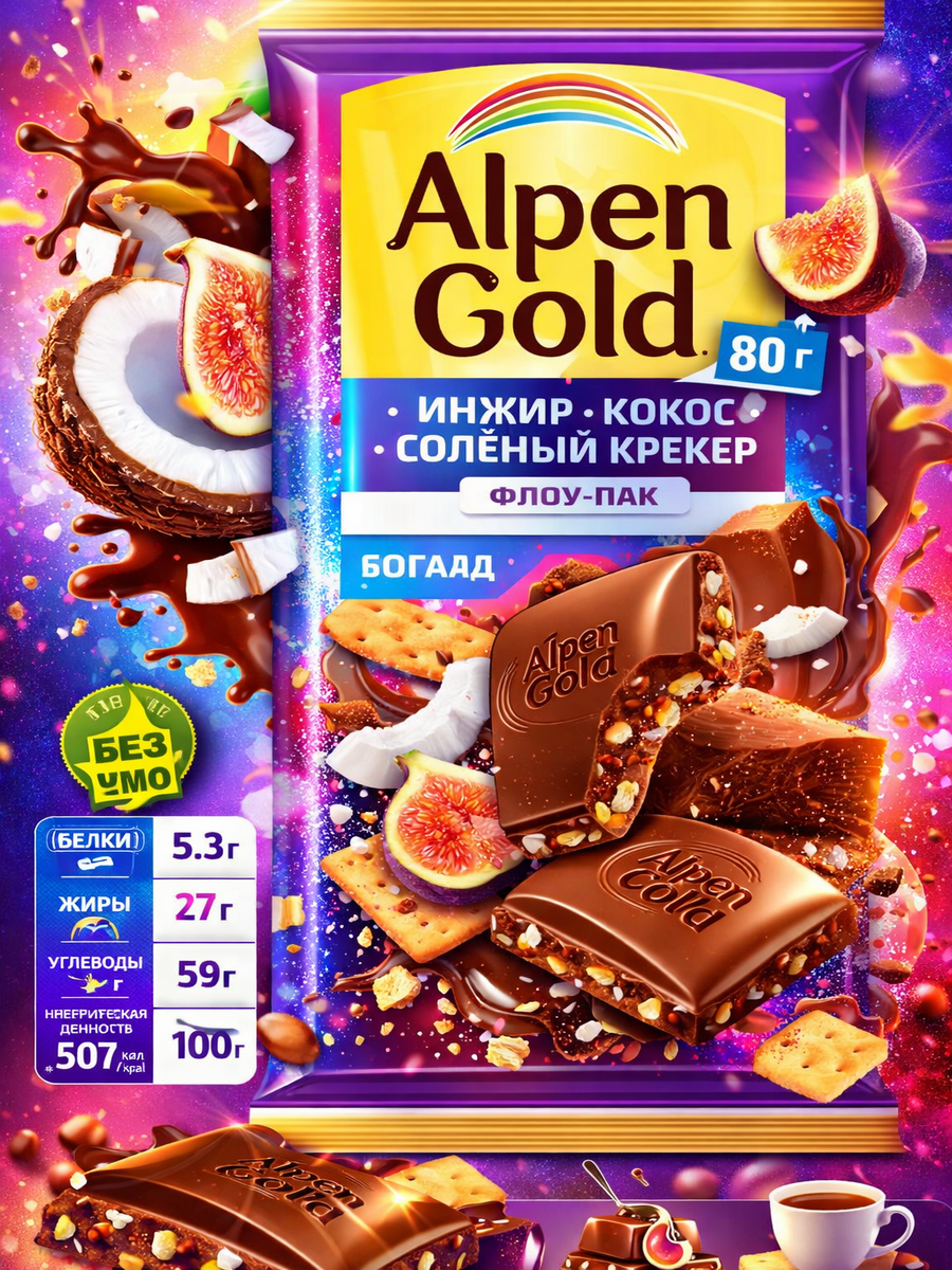 Шоколад молочный Alpen Gold c сушеным инжиром, кокосовой стружкой и соленым крекером, 80г