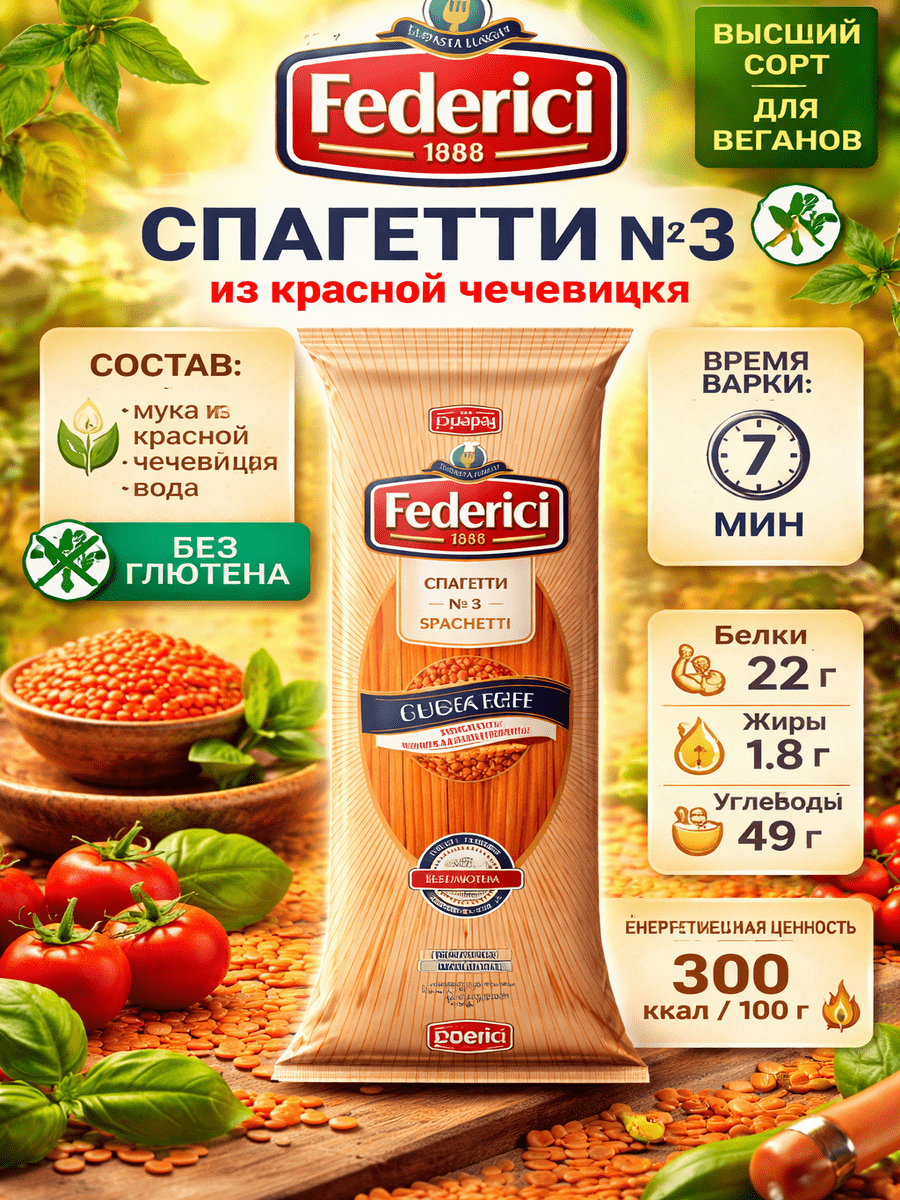 Макароны спагетти Federici Spaghetti №3 из красной чечевицы без глютена, 250г