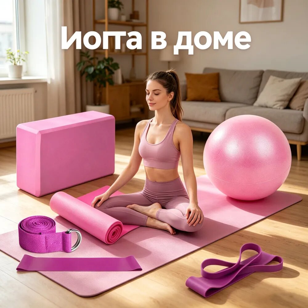 Набор для йоги, 5 предметов, розовый, с мячом, блоками, эспандерами и петлей, для дома