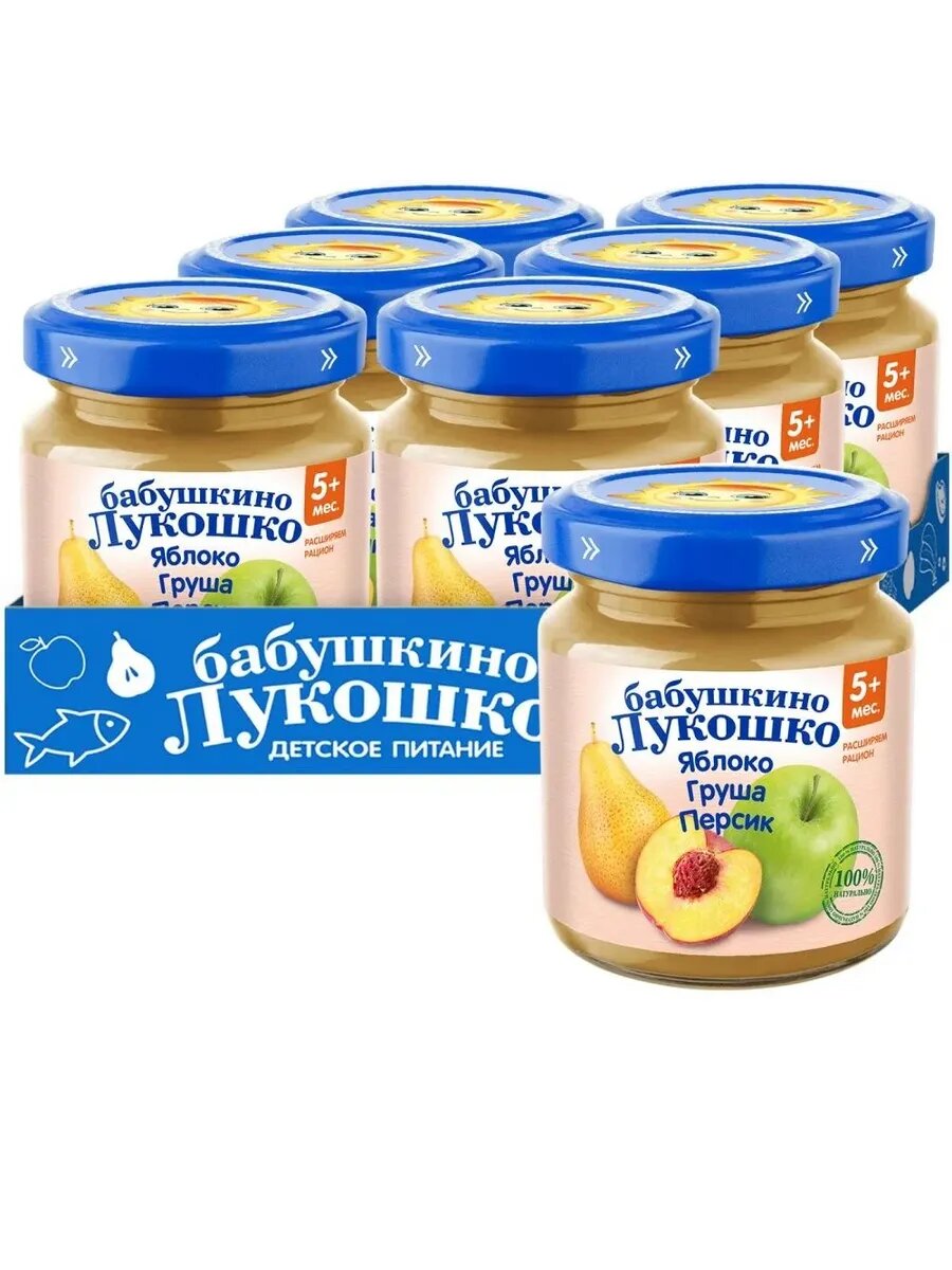 Пюре детское фруктовое Бабушкино лукошко из яблока, груши и персика, с 5 мес, 6 шт.