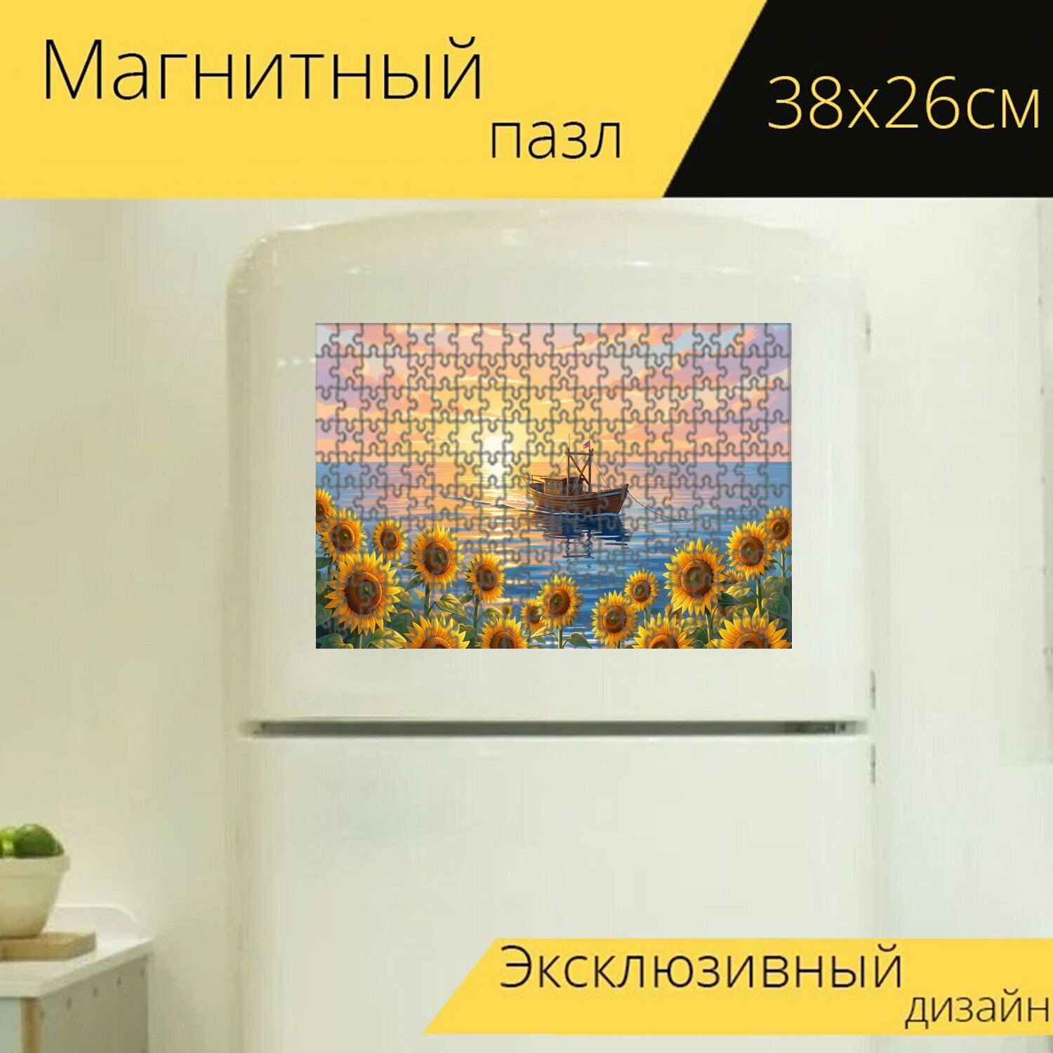 Магнитный пазл "Закат у моря с подсолнухами. Живописный морской пейзаж в мягких пастельных тонах: лучистое солнце, спокойная гладь воды, одинокая рыбацкая." для интерьера, 38х26 см.