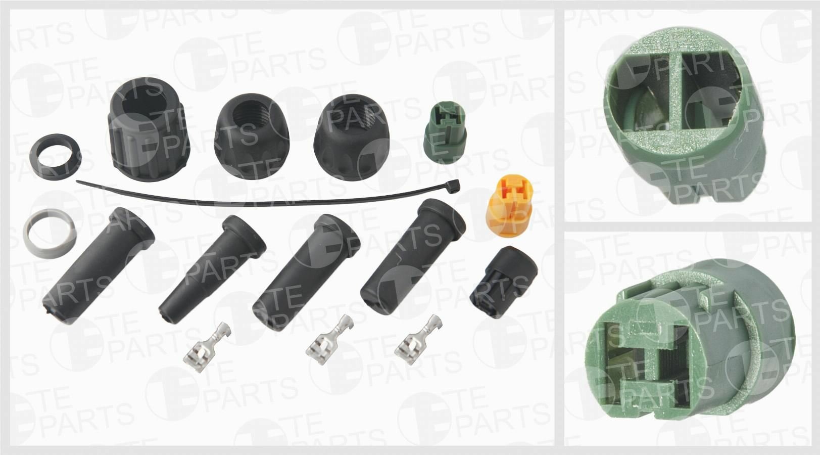 Разъем TE PARTS 7810404 Разъем 2-х контактный, байонет, комплектация: 3 корпуса, 3 кле ммы, 4 уплотнения кабеля, 2 уплотнительных кольца, хомут, Scania, Schmitz