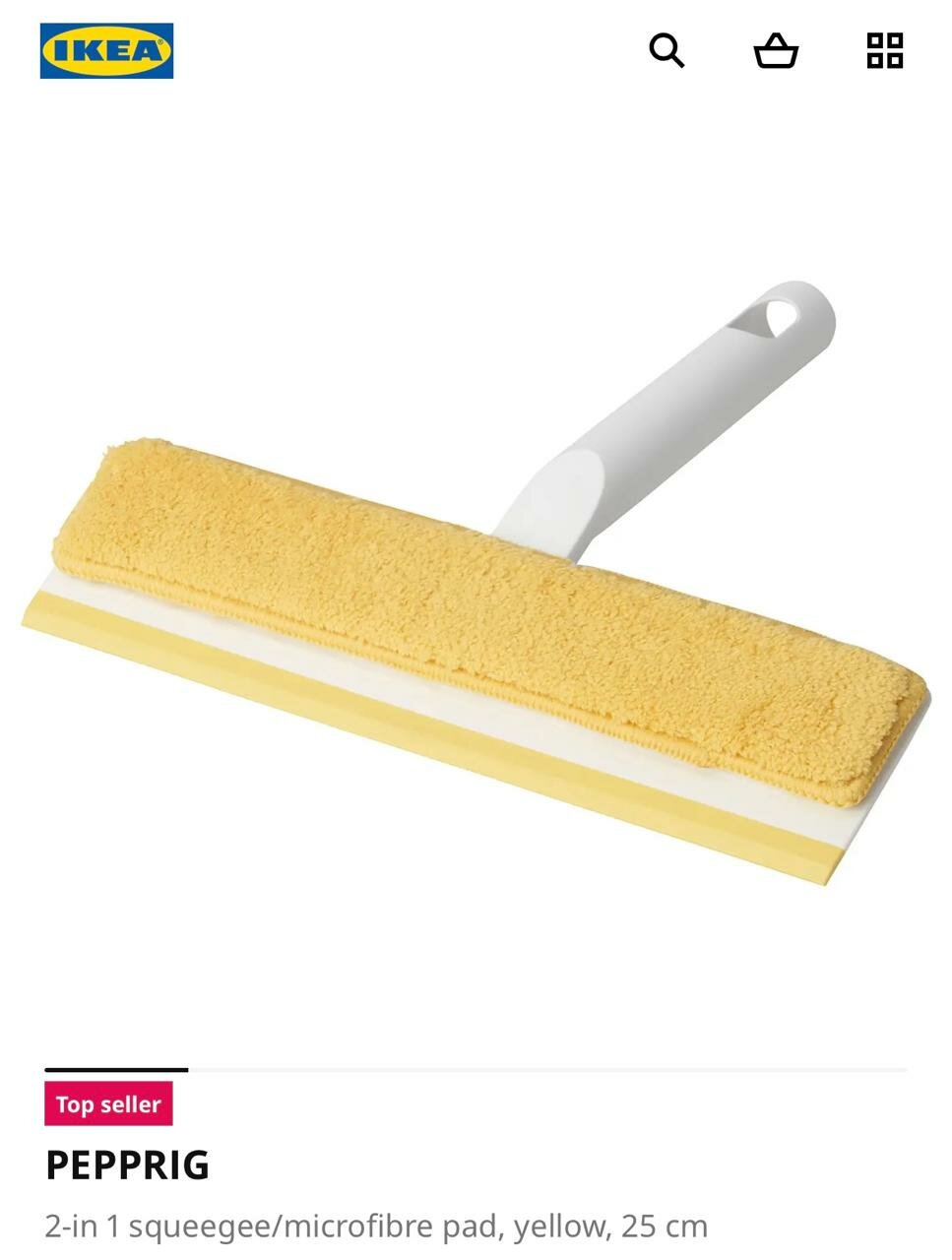 Окномойка/Скребок PEPPRIG IKEA, 2 в 1/прокладка из микроволокна, желтый, 25 см