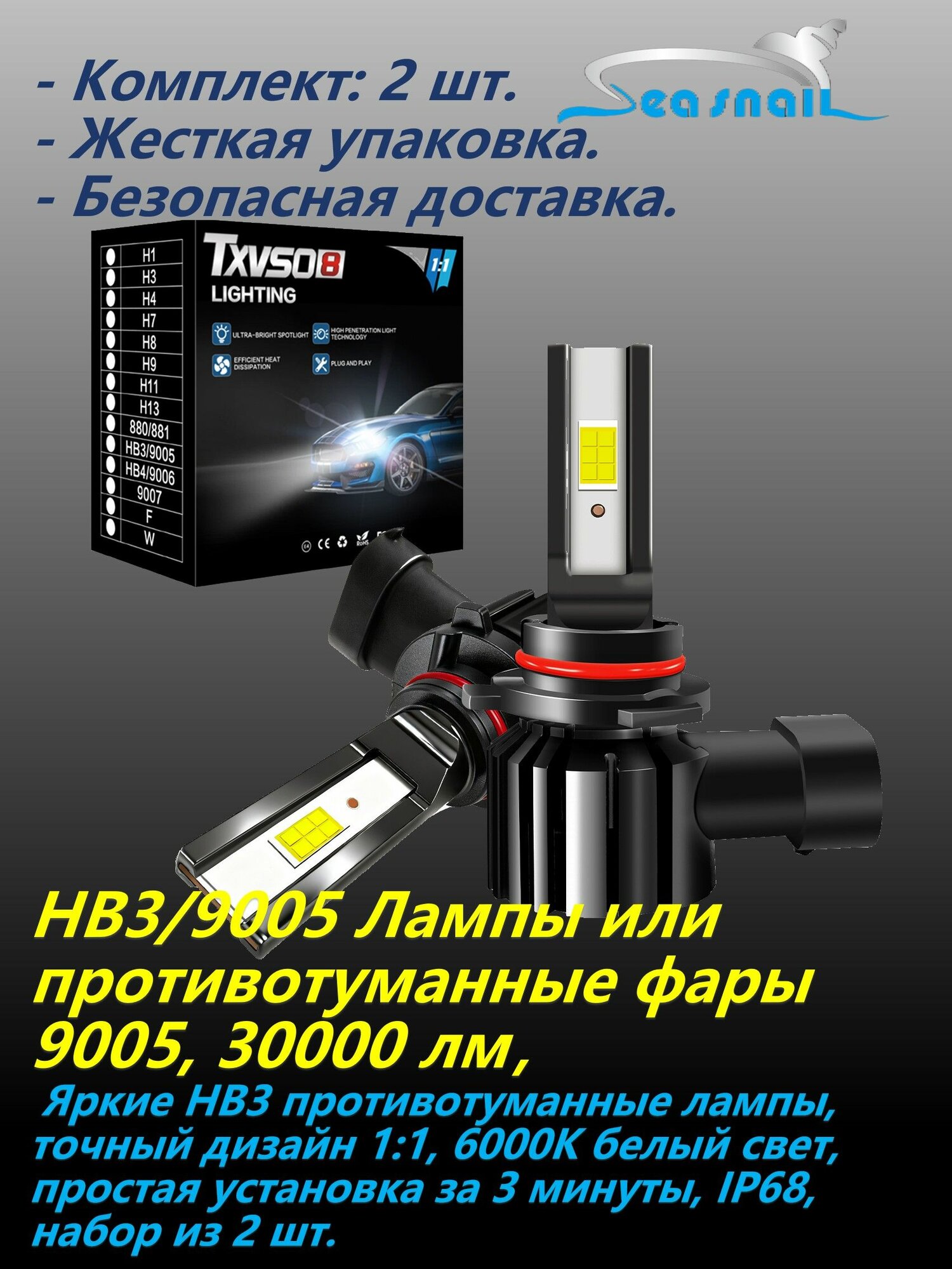 TXVSO8 Фары автомобильные, Противотуманная фара, 2 шт, арт. Лампы HB3/9005 или противотуманные фары 9005, яркость 13000 лм, 6000K