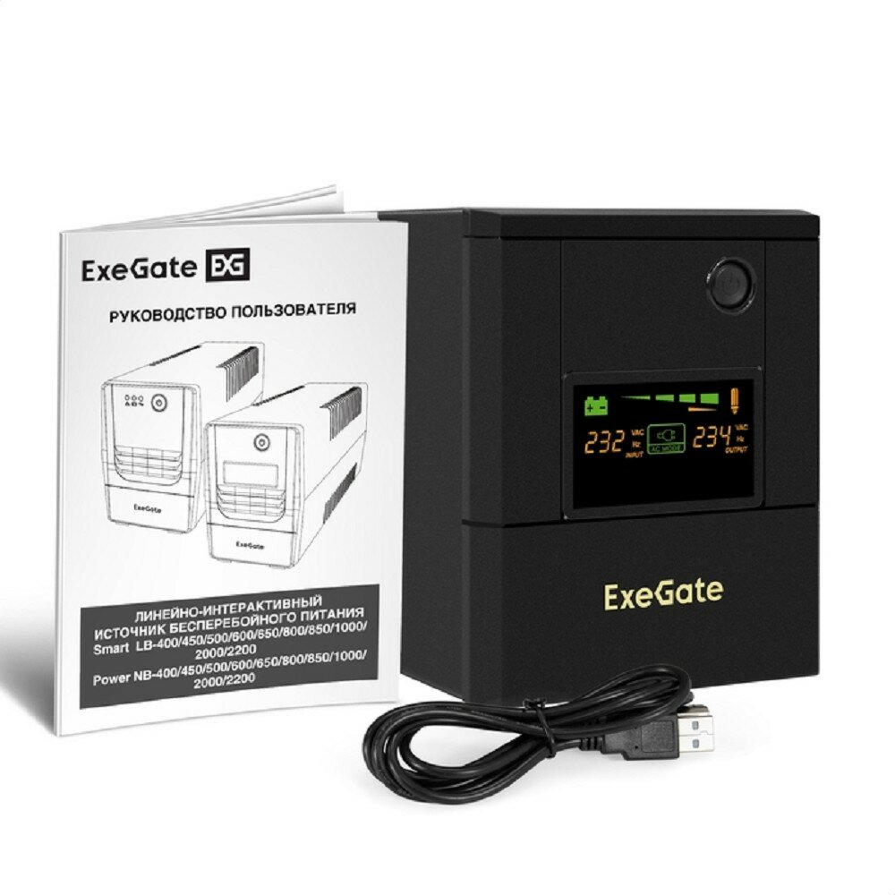EXEGATE ИБП EX299822RUS ИБП Smart LB-2000. LCD. AVR.4SH. USB 2000VA 1200W, цветной LCD, AVR, 4 Schuko, USB, батарея 12V 9Ah - 2 шт, металлический