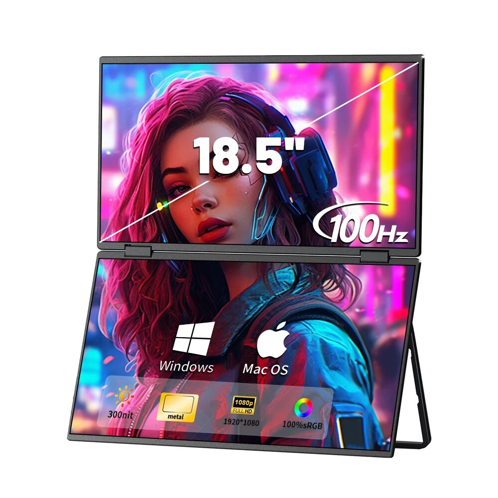 Портативный монитор Sibolan 18.5 дюйма с двумя экранами 1080P 100Hz 100% sRGB IPS, расширение экрана ноутбука, металлический корпус для Windows и MacOS